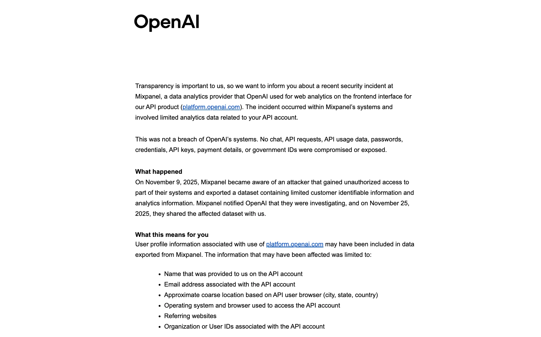 OpenAI Notifies Users of Mixpanel Security Incident