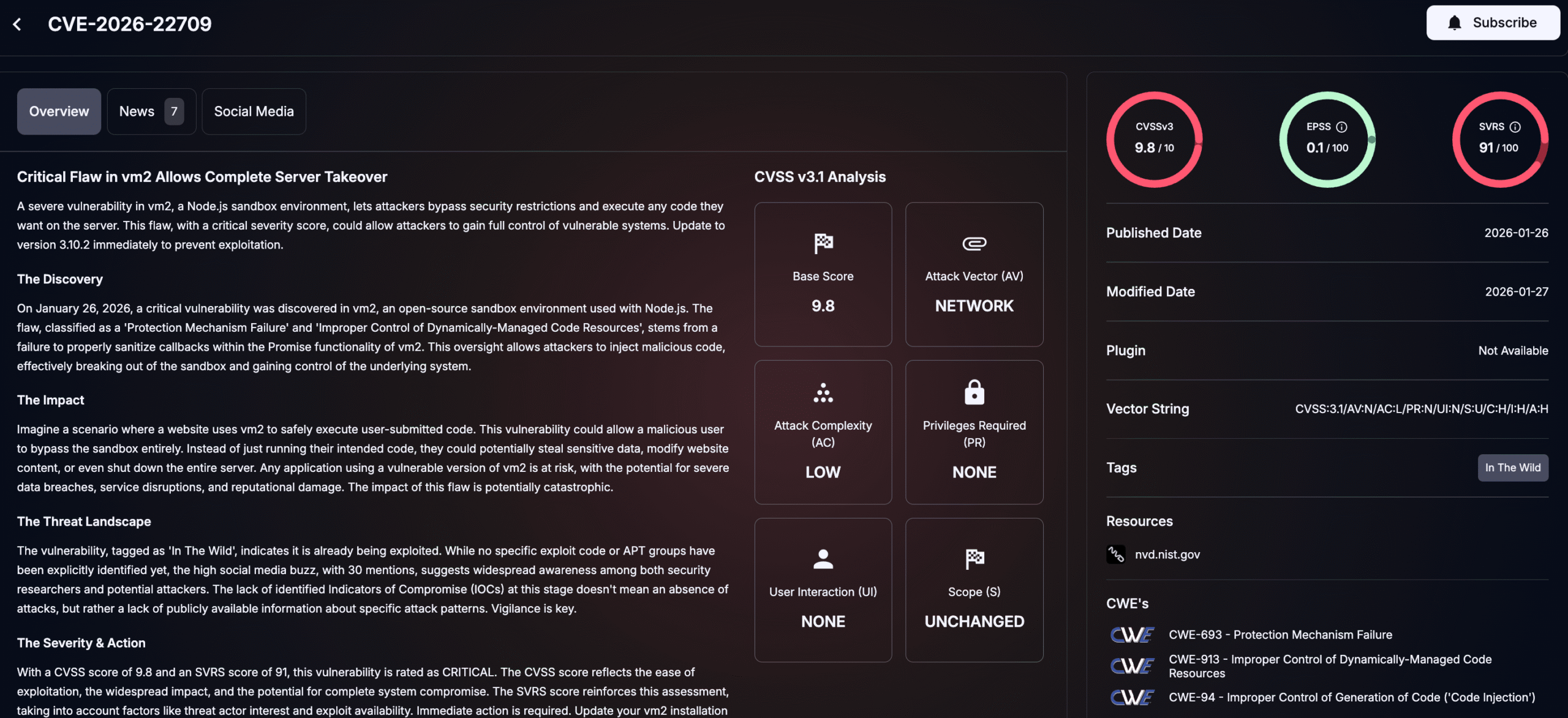 CVE-2026-22709: vm2 Sandbox Escape Vulnerability