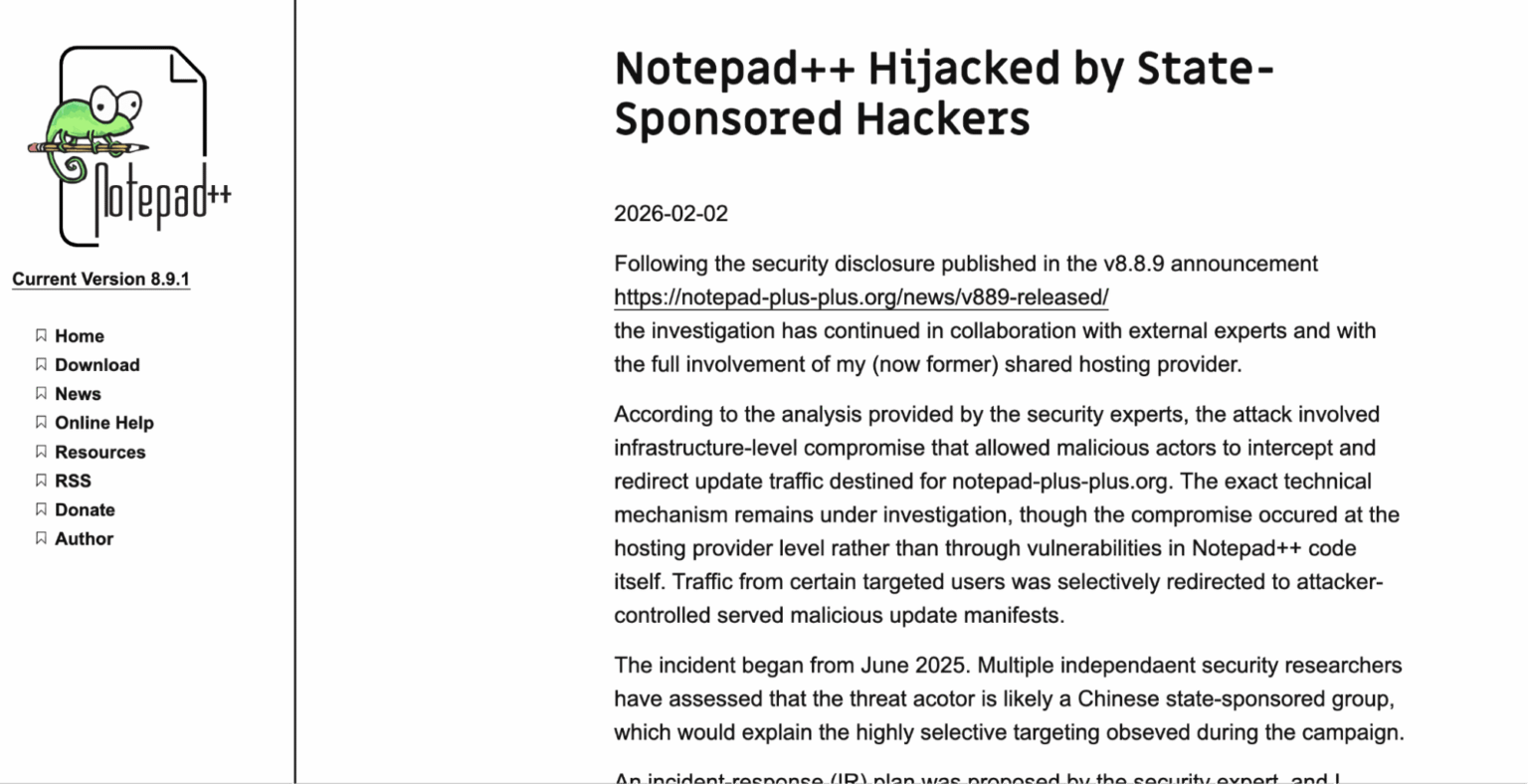 Notepad++ Infrastructure Hijacked in State-Linked Supply Chain Attack
